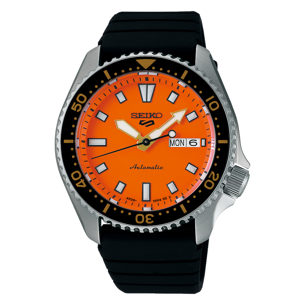 Seiko 5 Sports SKX Series Automatic Orange Dial Rubber Band Watch SRPL